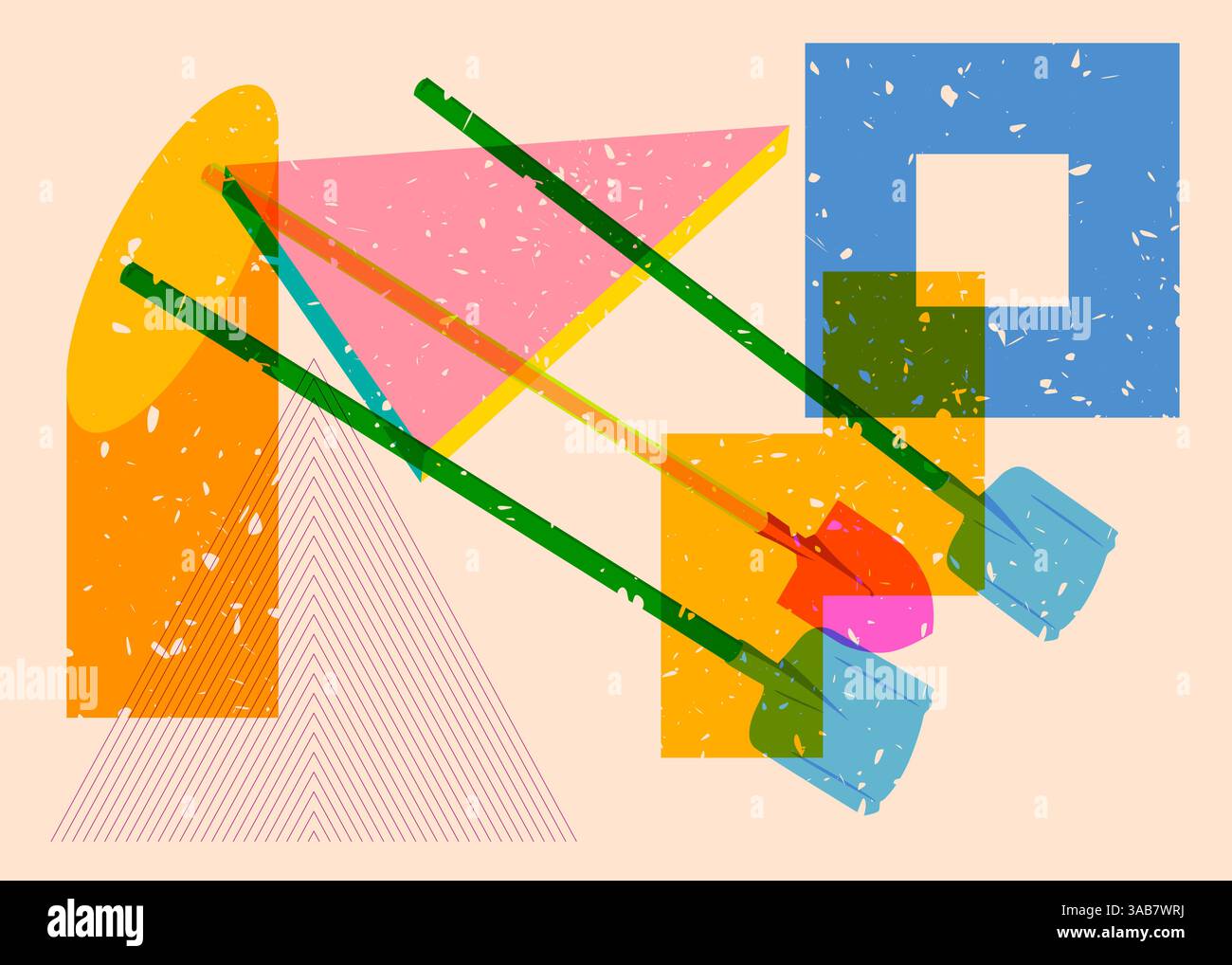 Risograph Spade, Shovel with geometric shapes. Objects in trendy riso ...