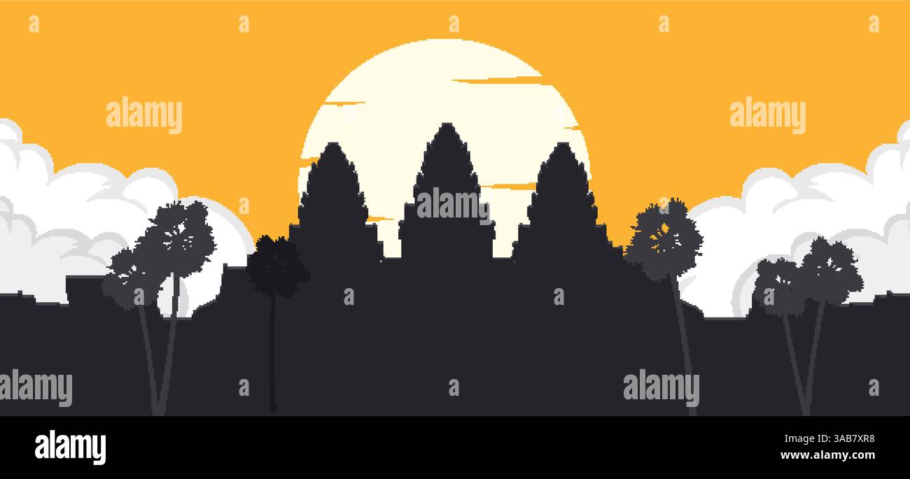 Vector illustration of Angkor Wat with a dramatic sunset background ...