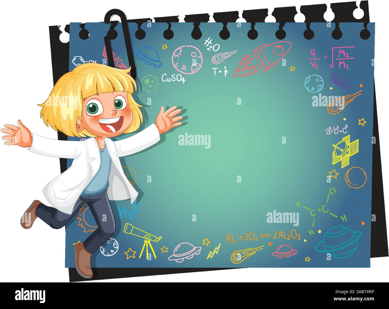 Happy scientist with colorful space-themed doodles Stock Vector Image ...
