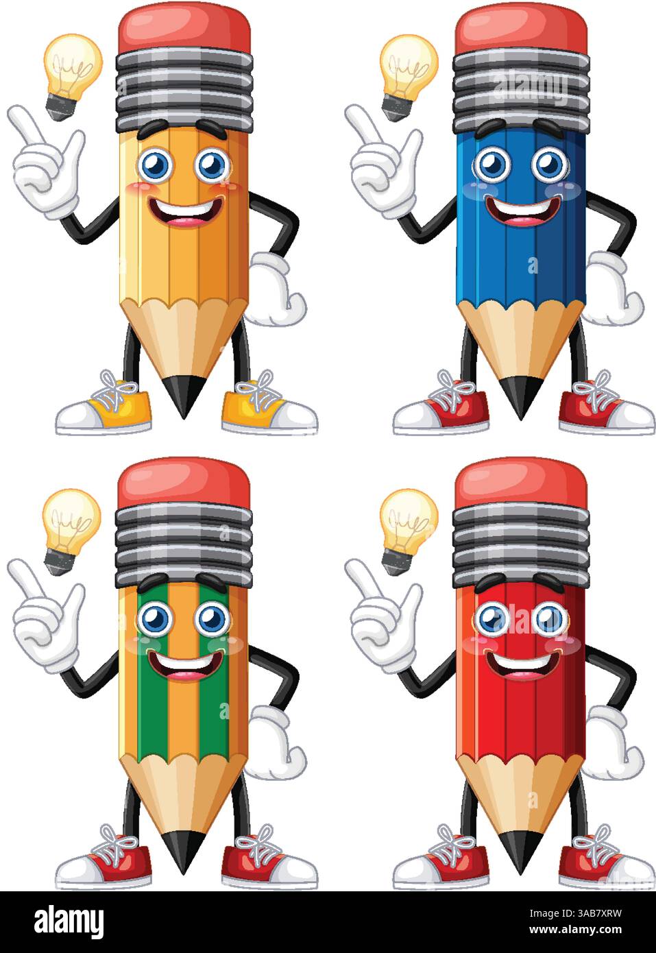 Vector illustration of four cartoon pencils in different colors holding ...