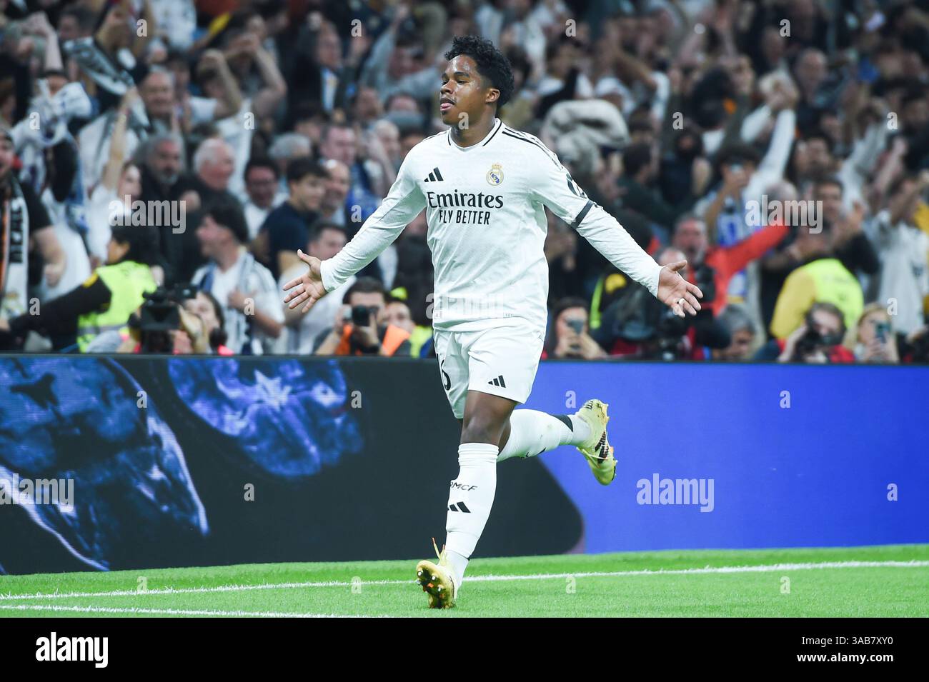 Madrid, Spain. 1st Apr, 2025. Endrick of Real Madrid celebrates a goal ...