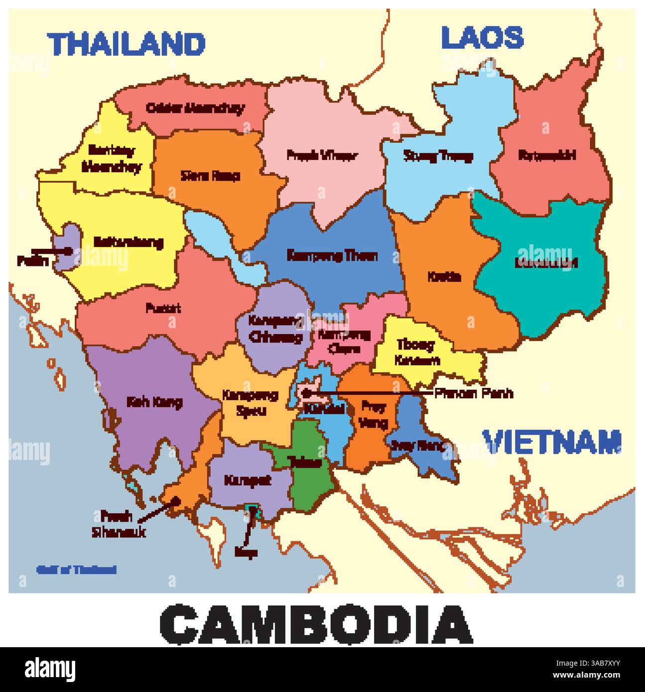 Detailed vector illustration of Cambodia's provinces, highlighting ...
