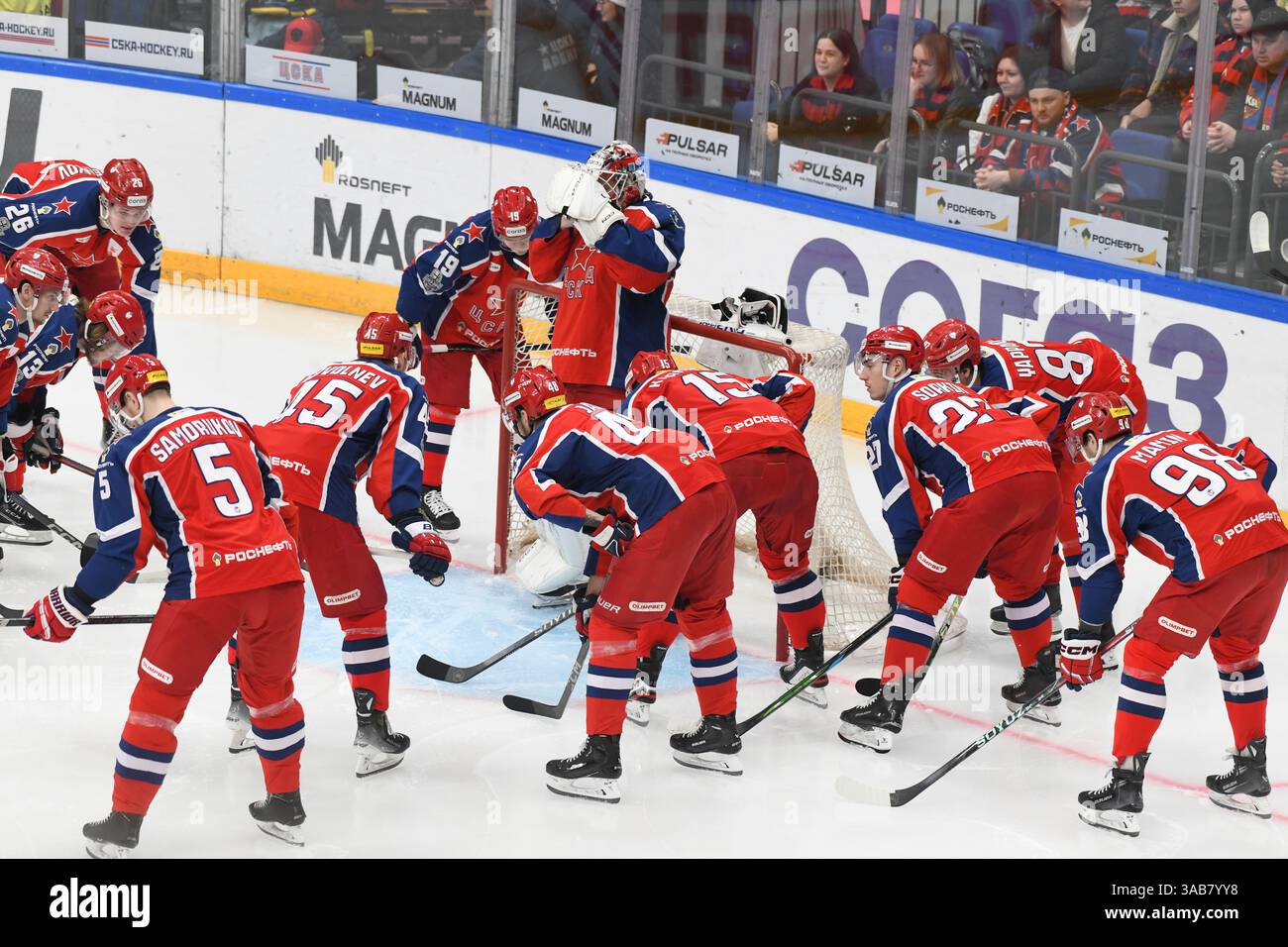 Moscow, Russia. 01st Apr, 2025. Players of CSKA Moscow Hockey Club seen ...