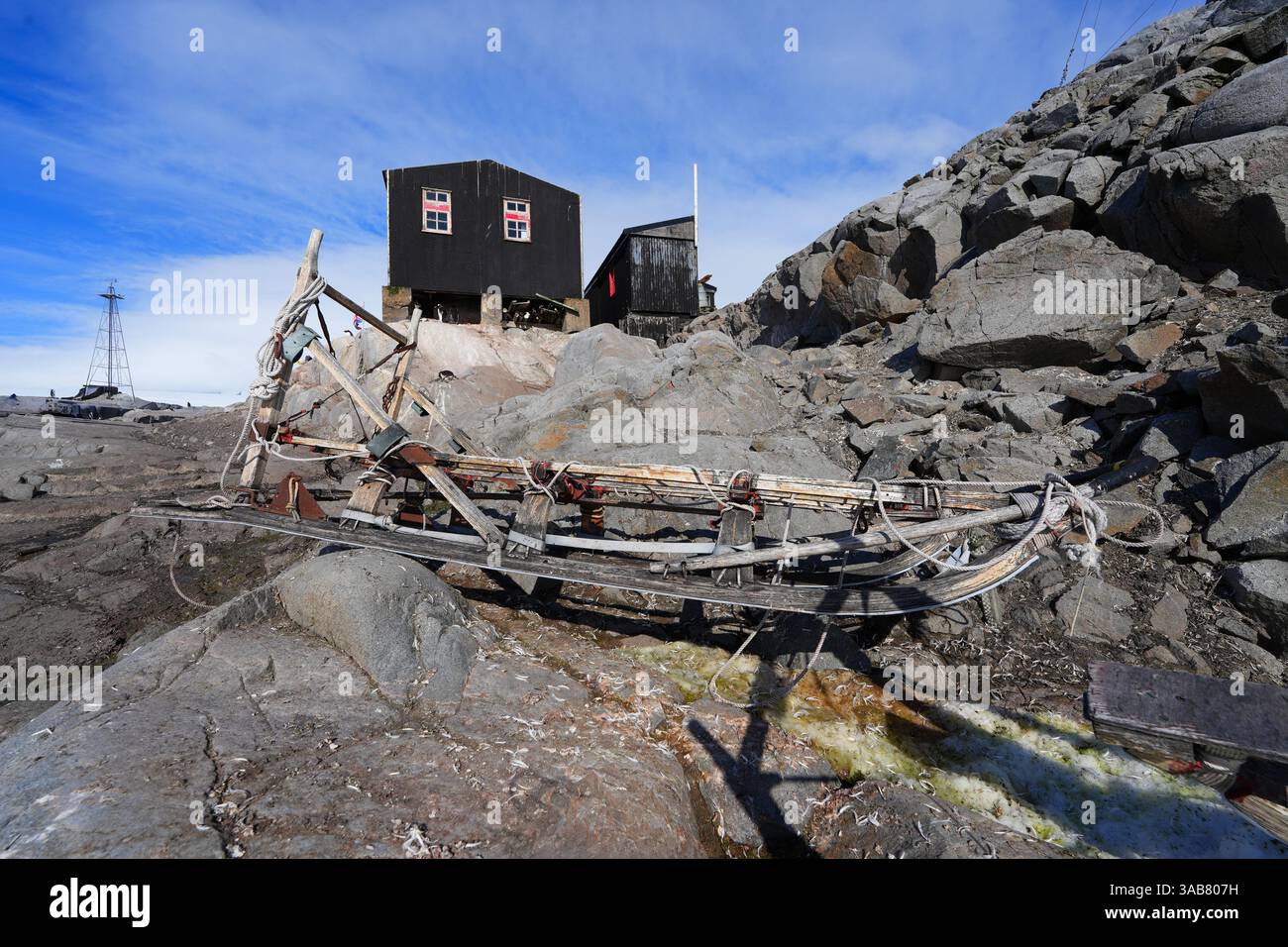 Old wooden sled lying on the rocks of Goudier Island in Port Lockroy, a ...