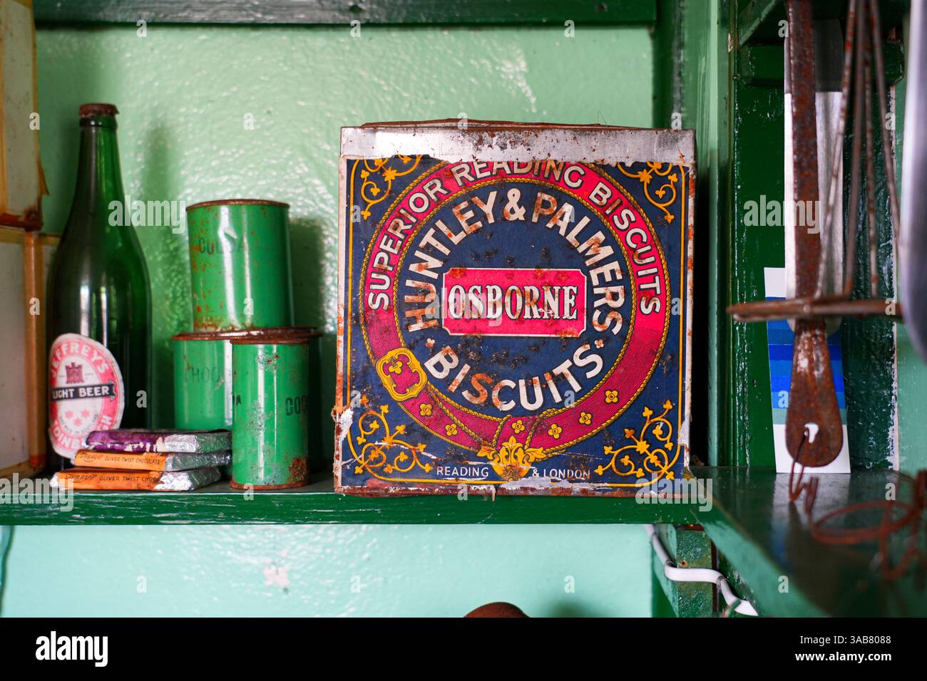 Old box of biscuits in the Bransfield House in Port Lockroy, a historic ...