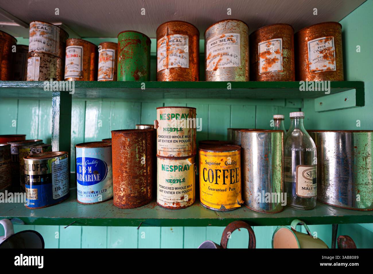 Ancient food rations in the Bransfield House in Port Lockroy, a ...