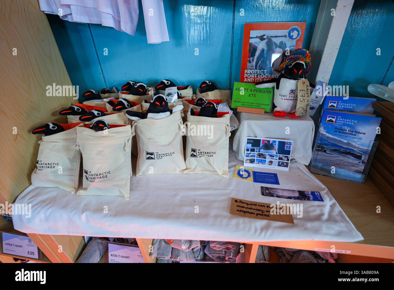 "Adopt a penguin" plushies in the gift shop of Port Lockroy, a historic ...