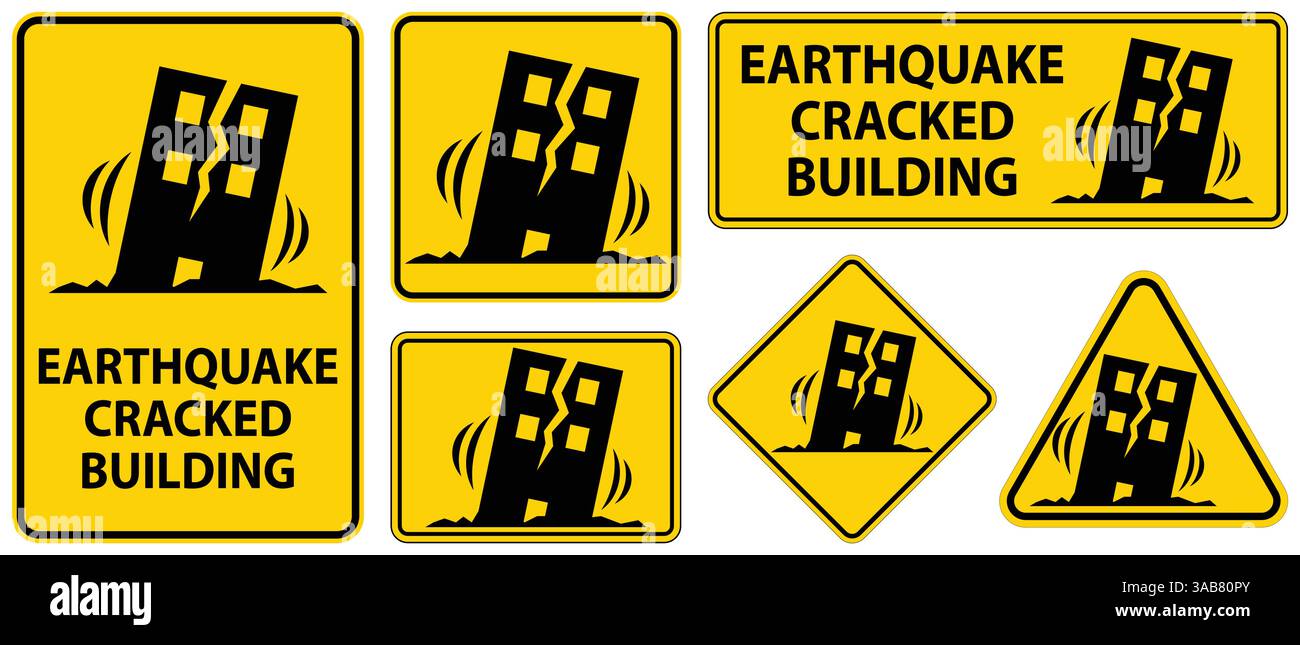 Earthquake warning sign in front of a damaged building with visible ...