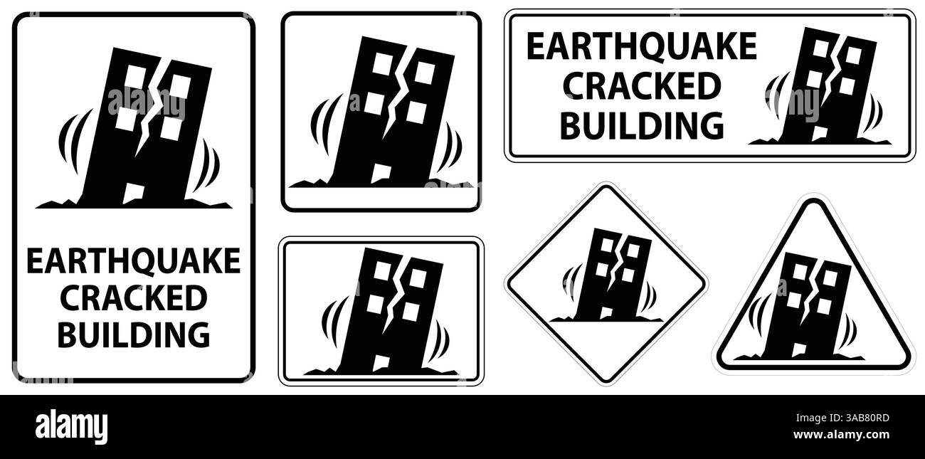 Earthquake warning sign in front of a damaged building with visible ...