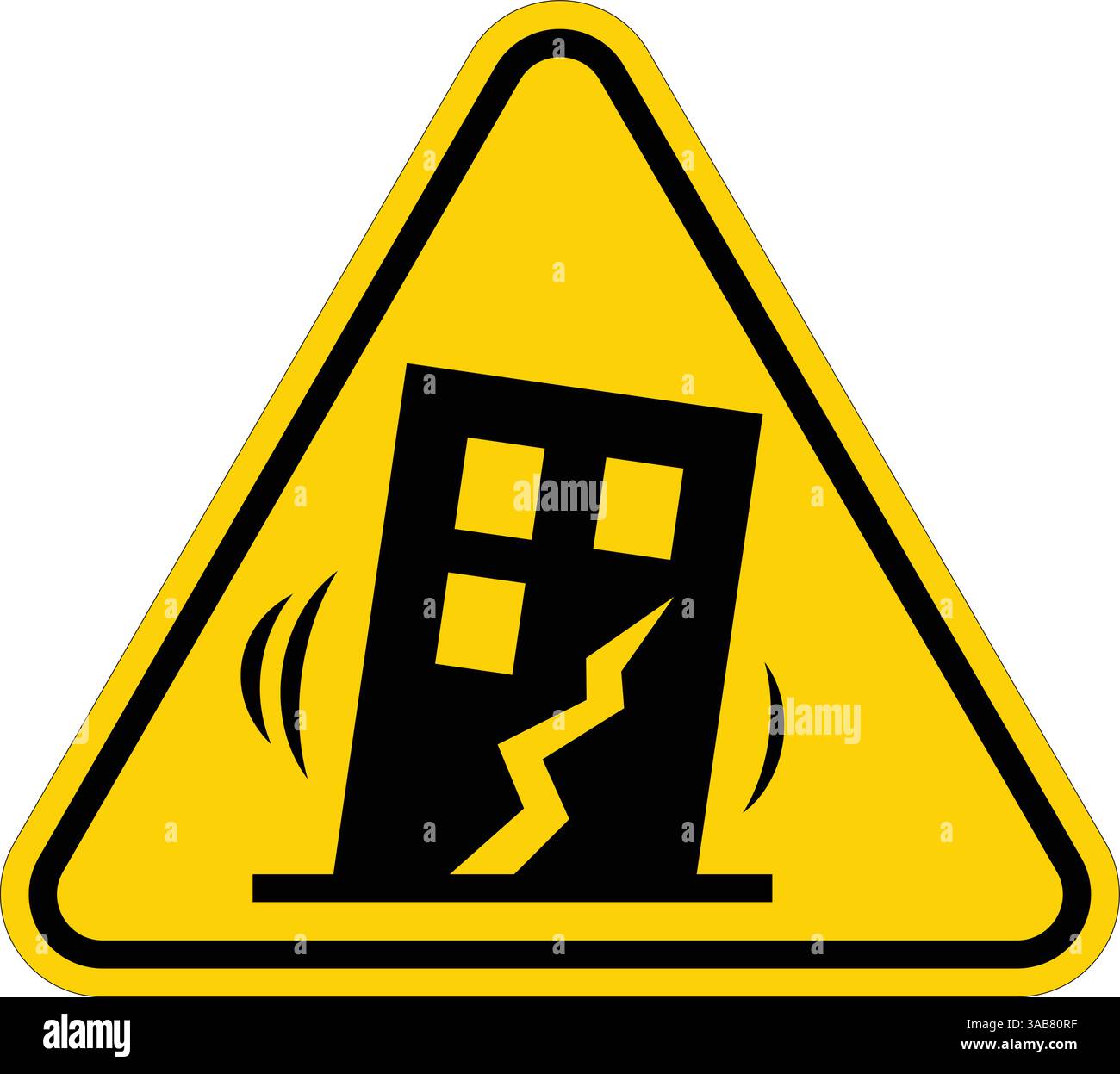 Earthquake warning sign in front of a damaged building with visible ...