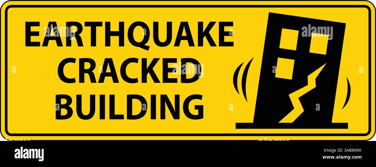 Earthquake warning sign in front of a damaged building with visible ...