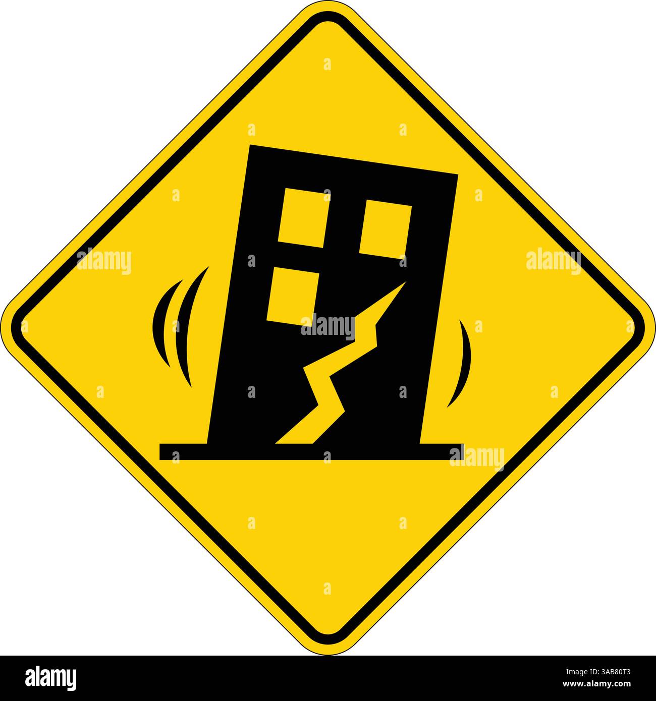 Earthquake warning sign in front of a damaged building with visible ...