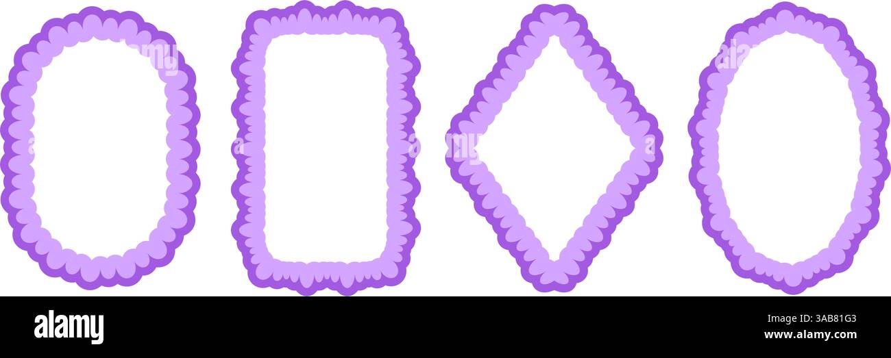 Cute frill pattern frame set. Purple scalloped ellipse and rectangle border collection. Wavy ...