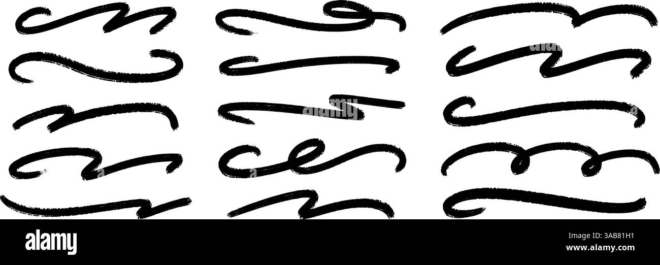 Wavy paint line set. Squiggle sketch brush stroke collection. Rough ...