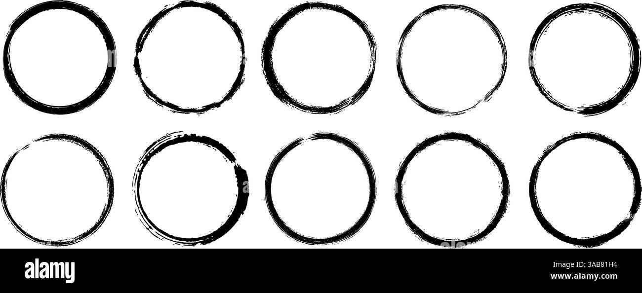 Round paint brush stroke set. Black grunge round stain collection. Ink ...