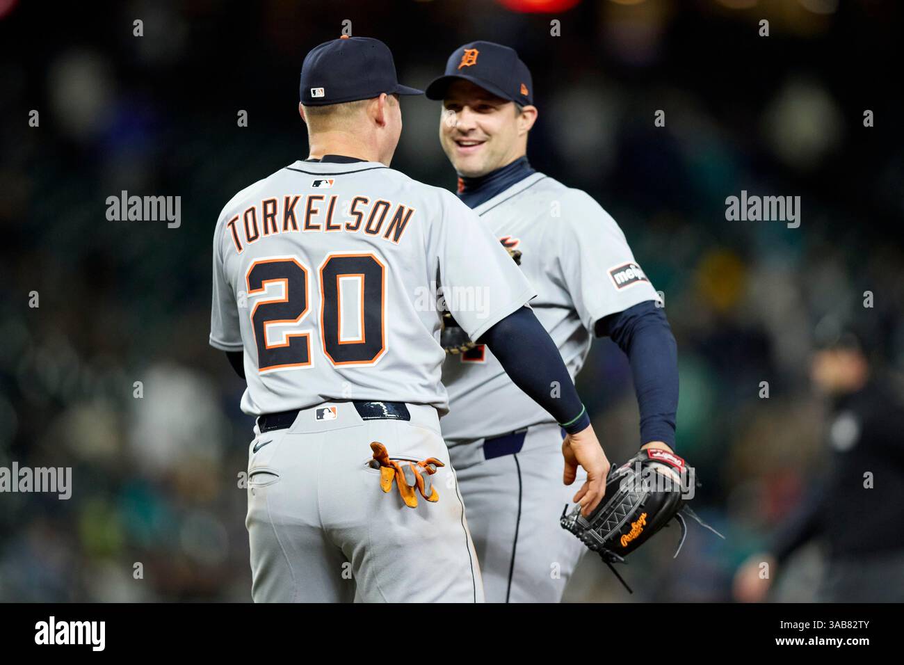 Detroit Tigers first baseman Spencer Torkelson (20) reaches to hug ...