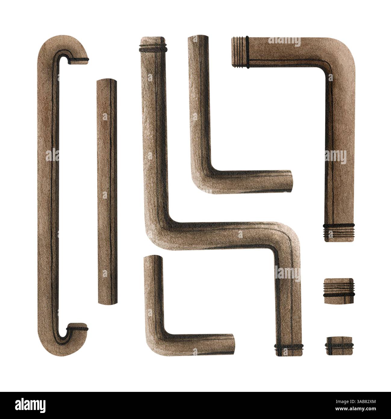 A set of copper pipes plumbing pipeline with connectors isolated on white background. Watercolor ...