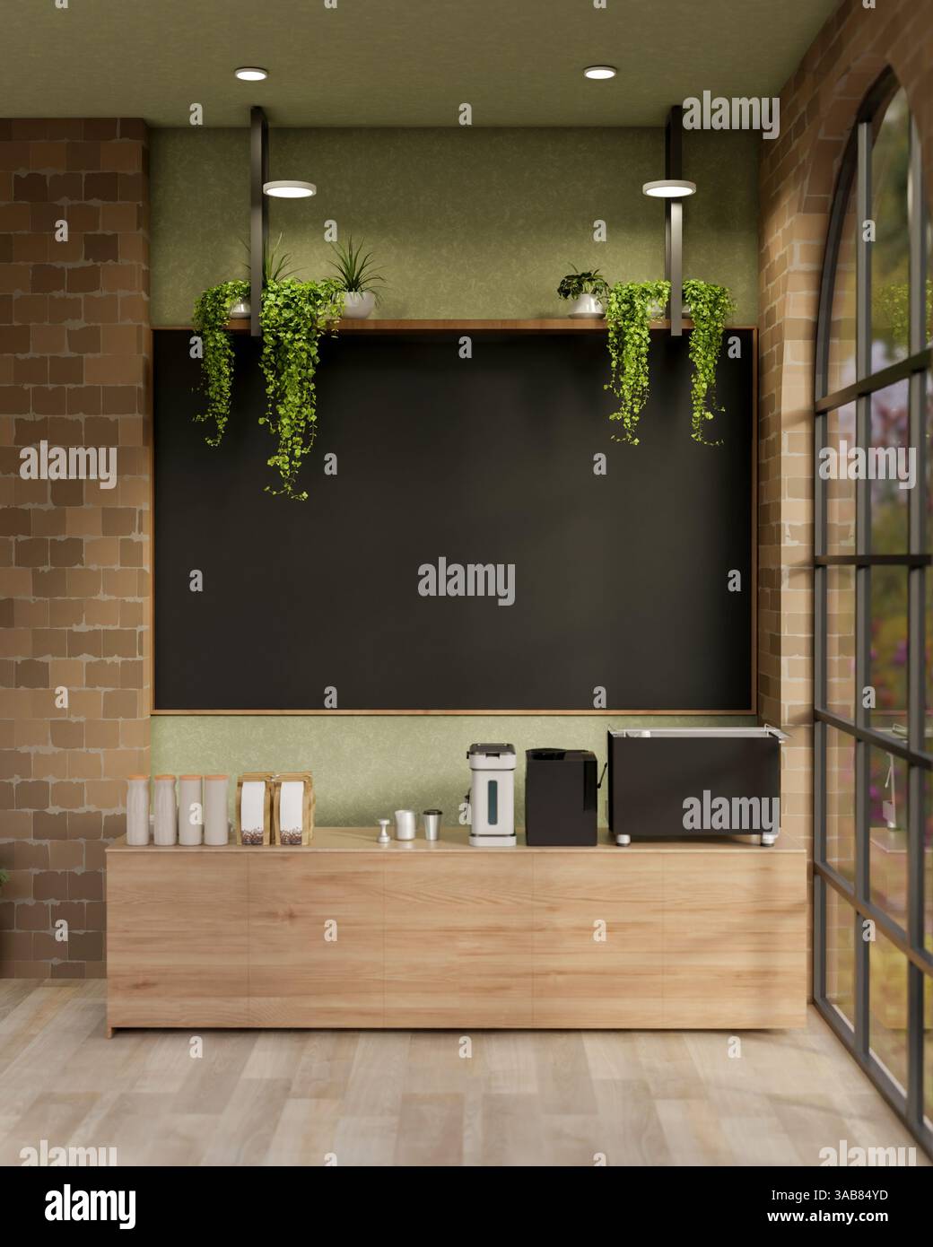 The wooden counter bar with coffee making equipments in front of a ...