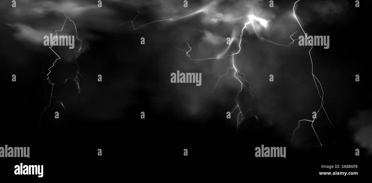Stormy night sky with fog and lightning bolts. Vector realistic ...