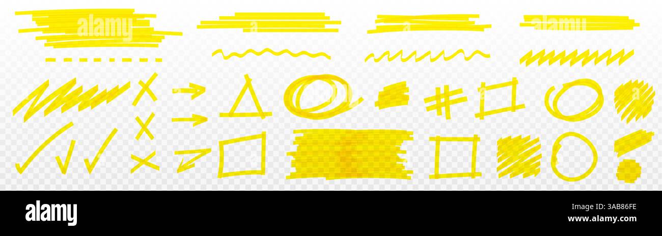 Yellow highlight marker lines set isolated on transparent background ...