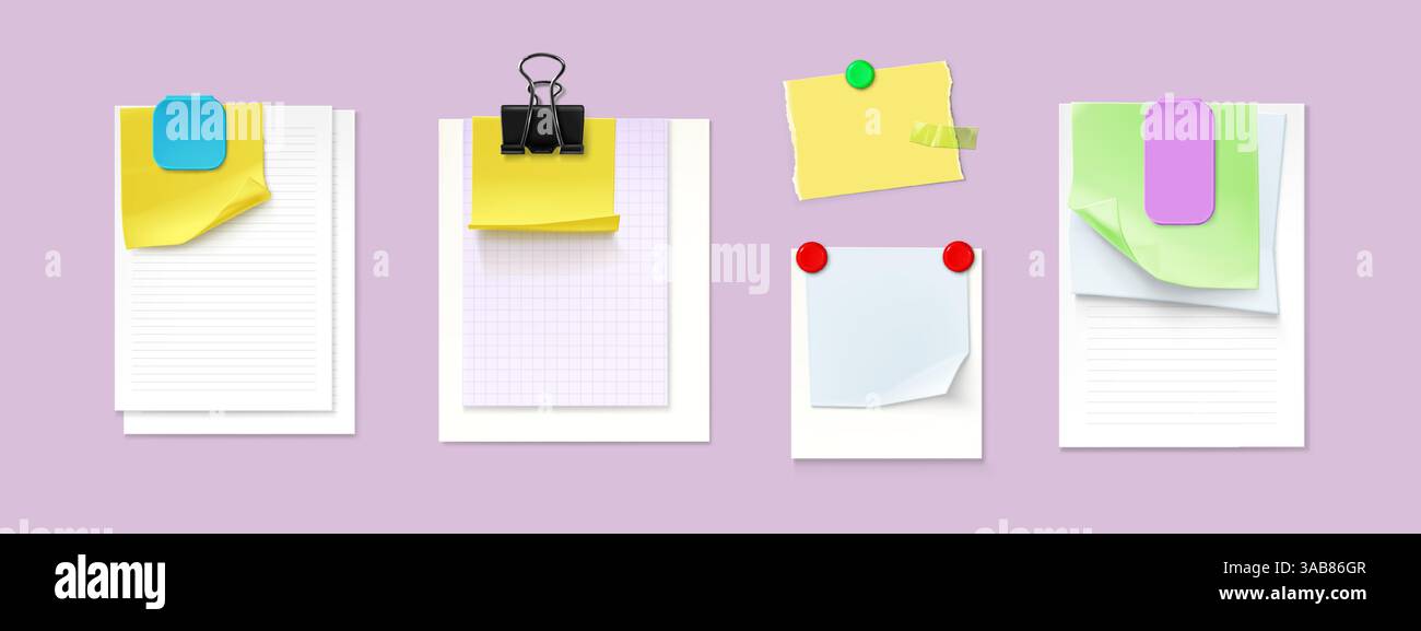 Colored paper notes collection pinned with binder clips and magnets ...