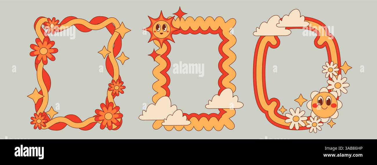 Groovy set of frames with wavy edges isolated on background. Vector ...
