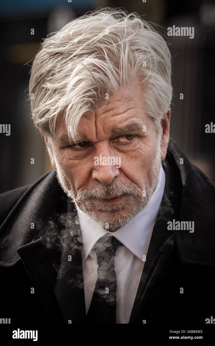 Oslo 20250401. Karl Ove Knausgaard gave a speech at the funeral of ...