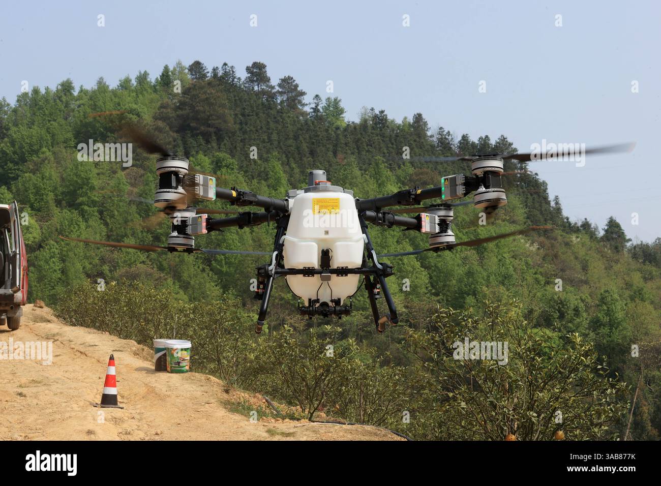 LIUZHOU, CHINA - APRIL 2, 2025 - A drone sprays foliar fertilizer on ...