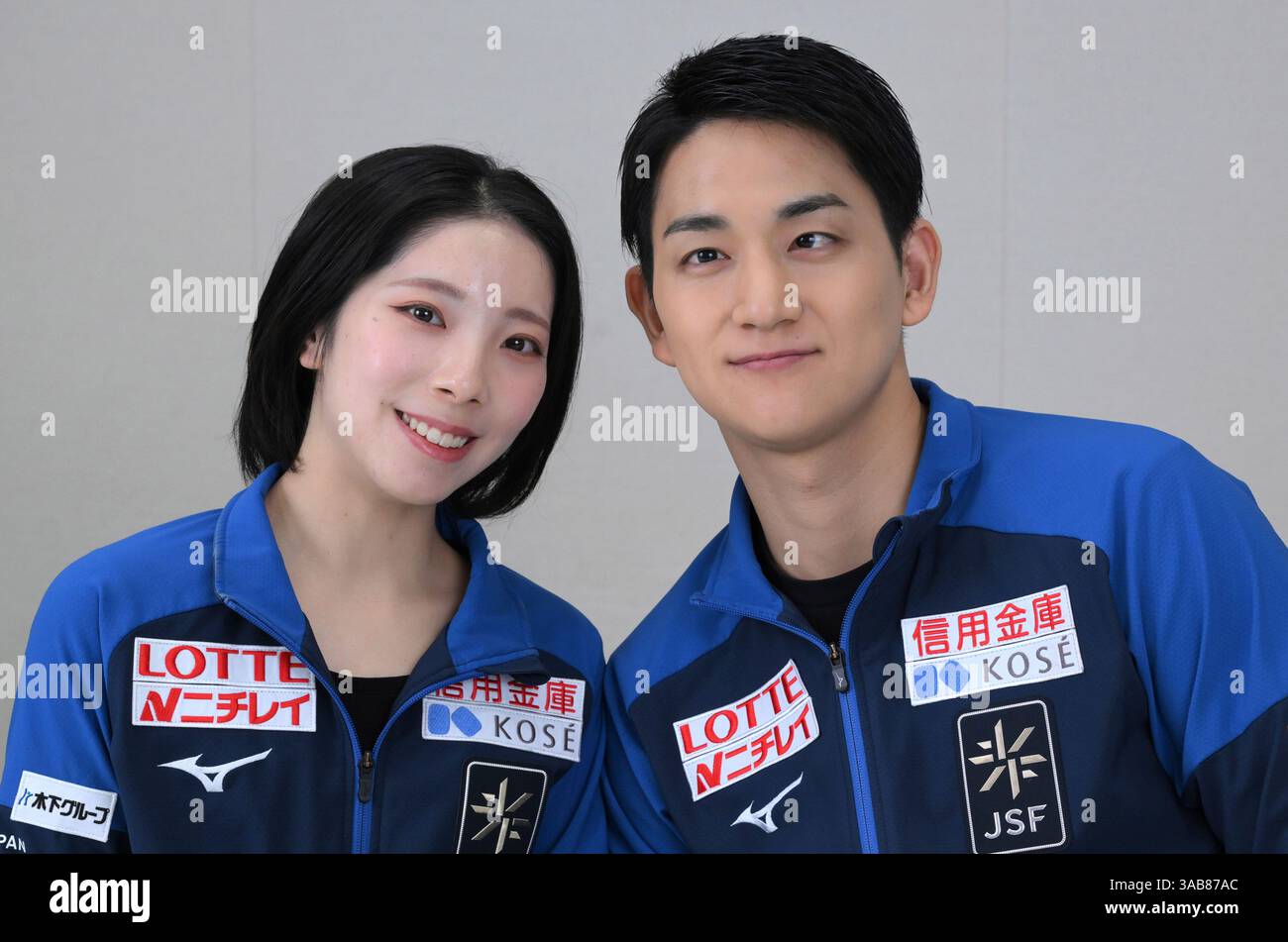 Japanese Figure Skaters Riku Miura (L) and Ryuichi Kihara respond to an ...