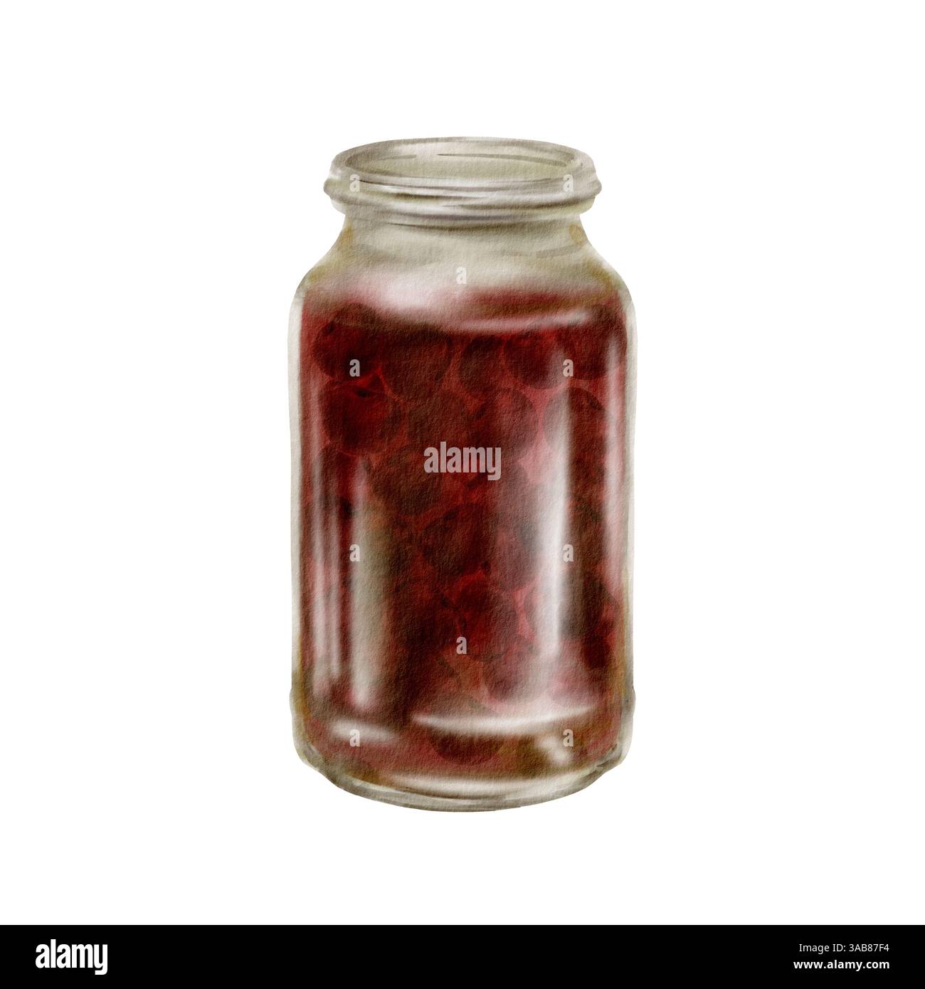 Tall green glass jar with cherry jam without lid watercolor isolated ...
