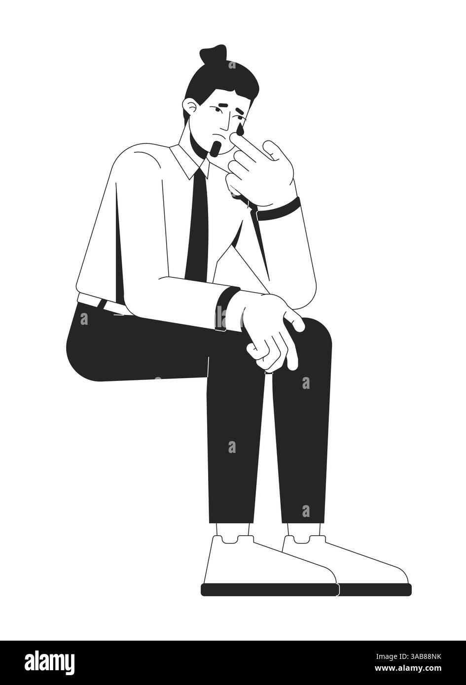 Sad businessman sitting slumped, wiping away tear 2D line character ...