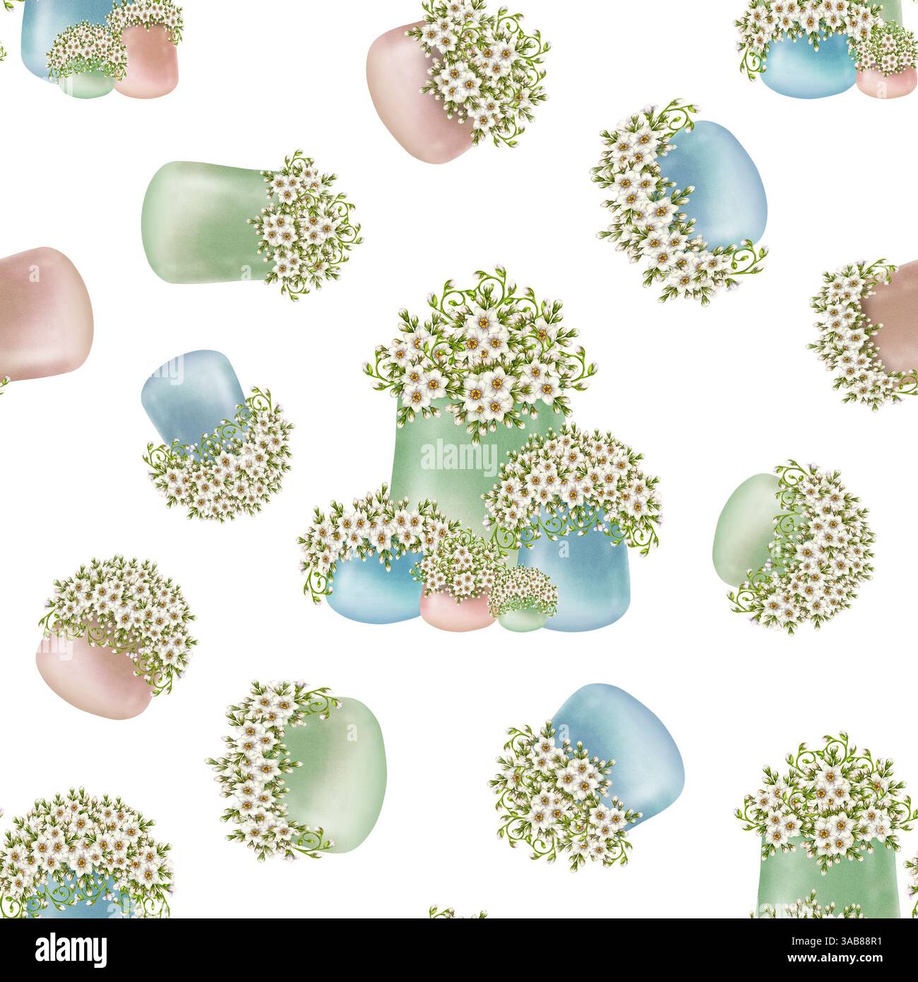 Seamless pattern of white flowers primroses in blue, green, beige ...