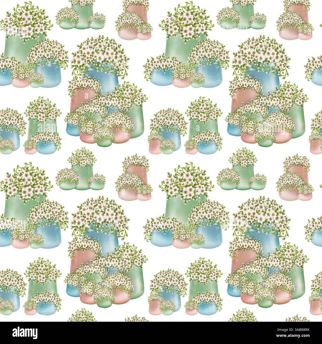Seamless pattern of white flowers primroses in blue, green, beige ...