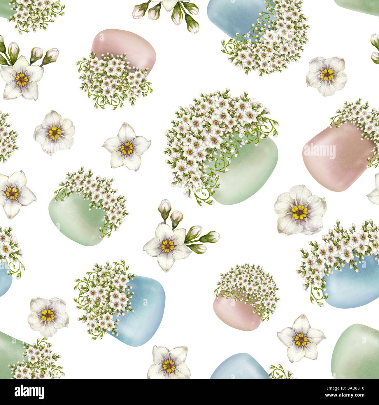 Seamless pattern of white flowers primroses in blue, green, beige pots ...