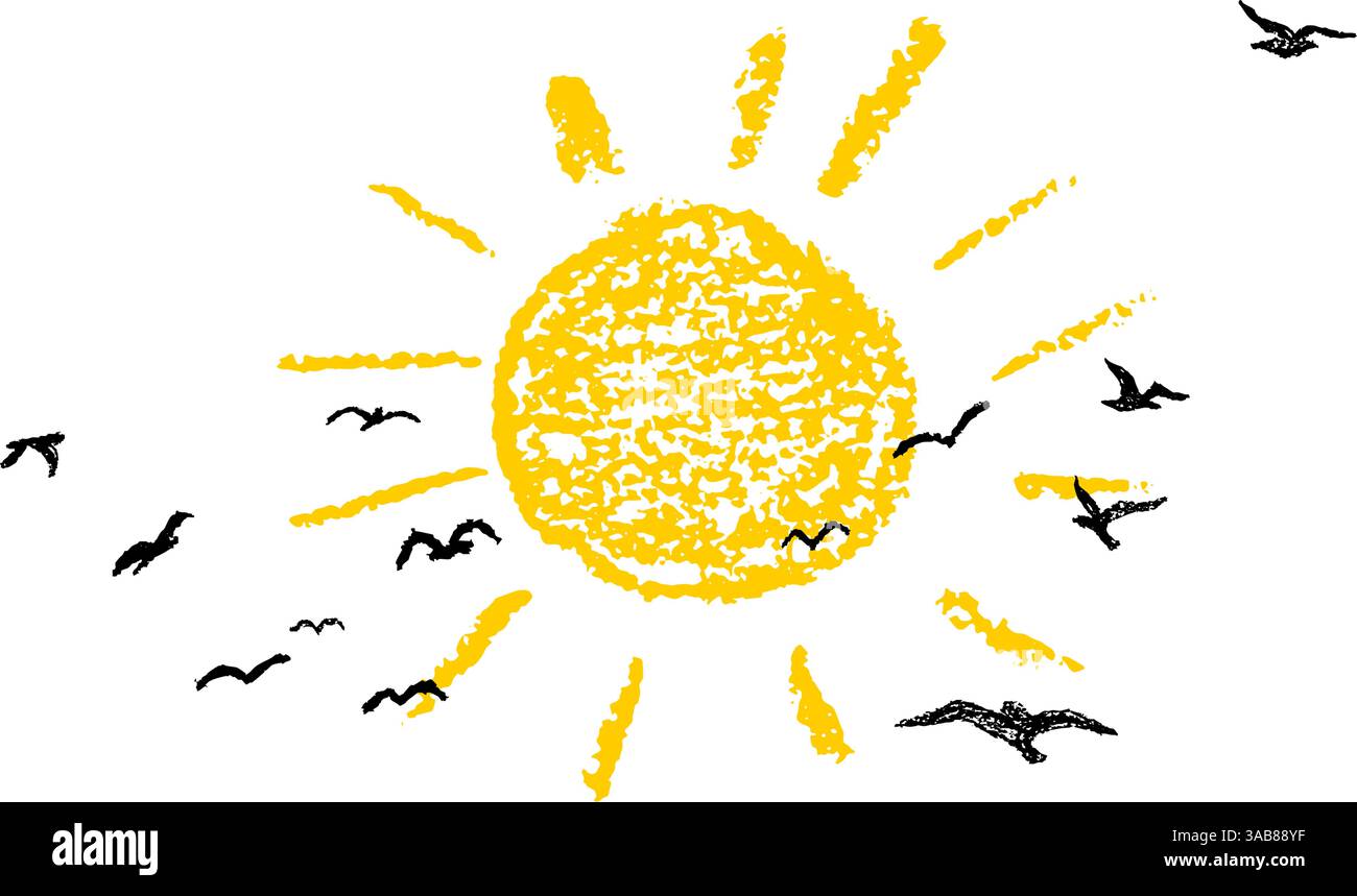 Bright sun with rays. Sunny sky and silhouette of a flock of doves or ...