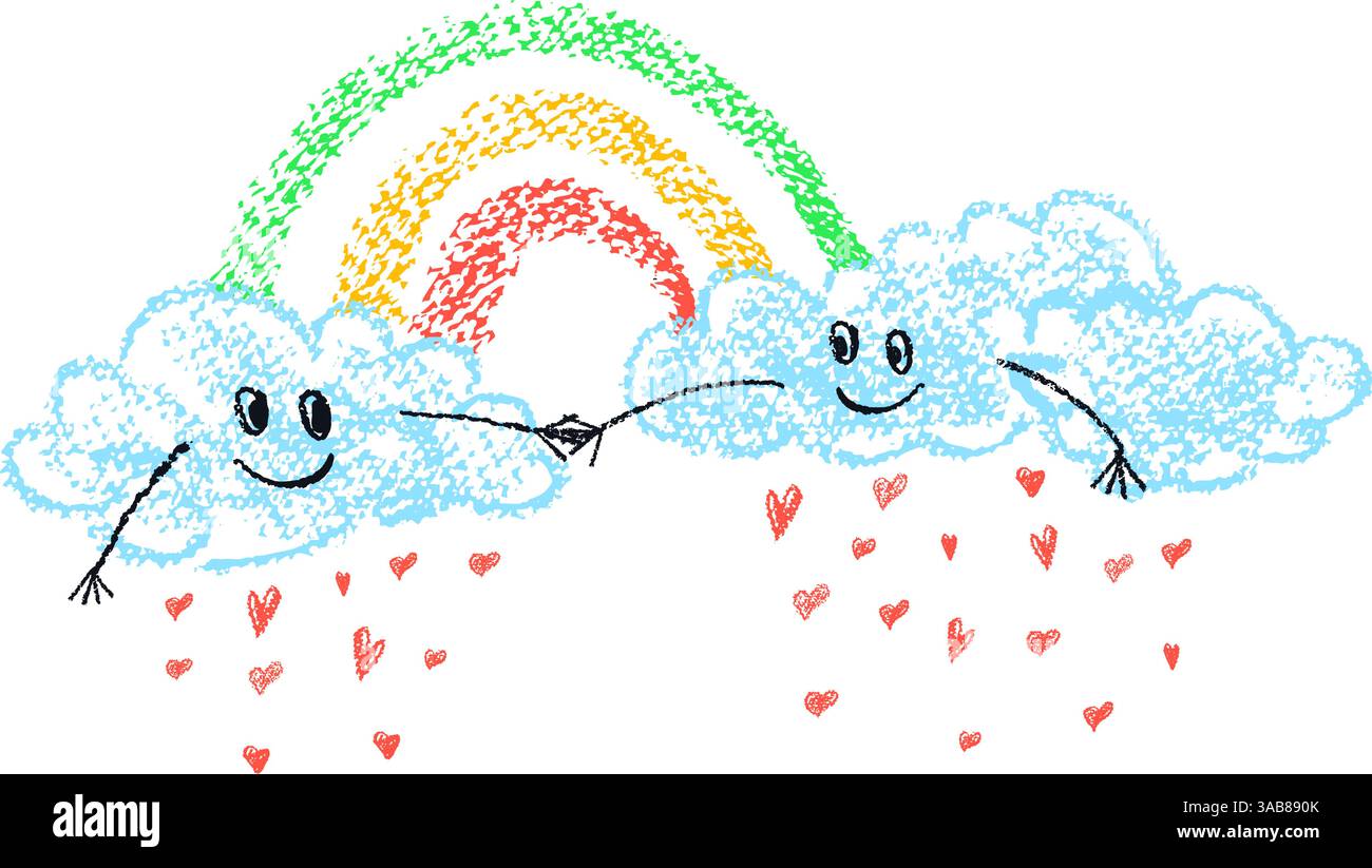 Cute clouds with rainbow, couple in love holding hands, hearts raining ...