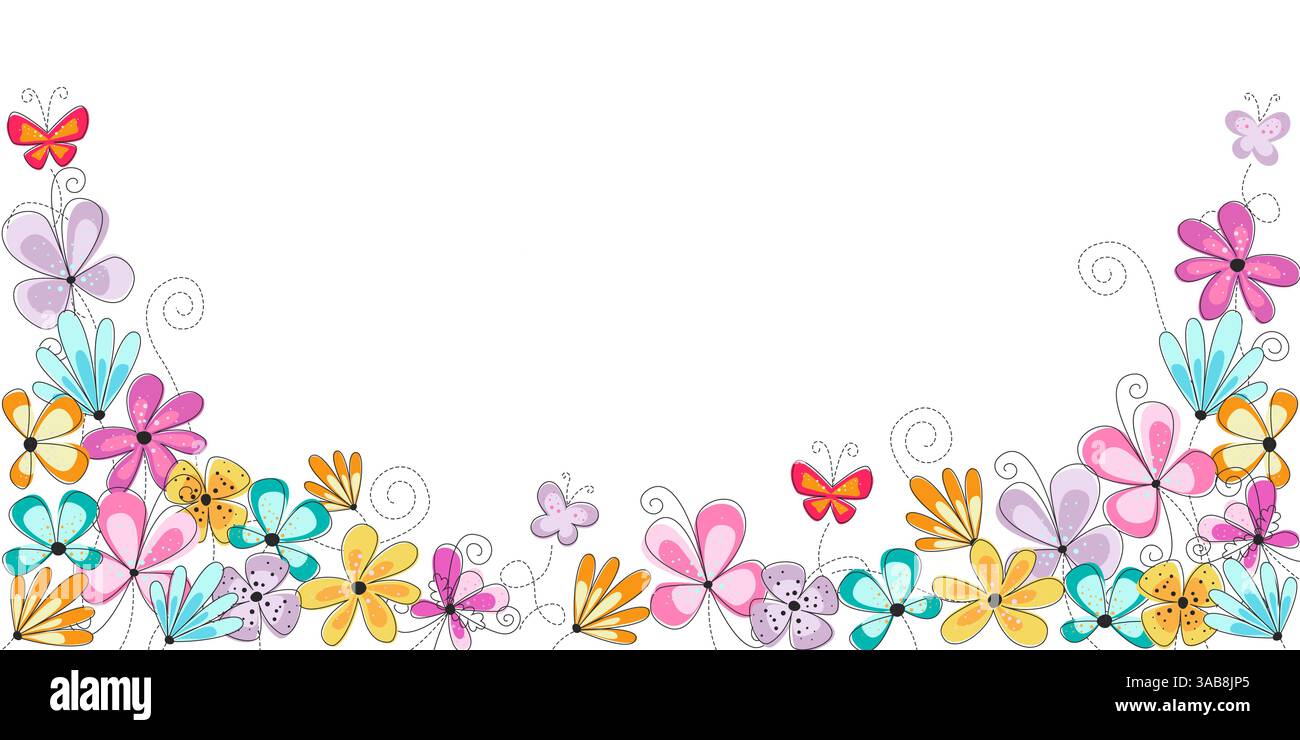 Bright easter border with colorful flowers and butterflies. Easter ...