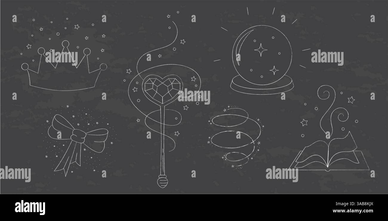 Magic wands and elements chalk doodle set. Fairytale element in sketch ...