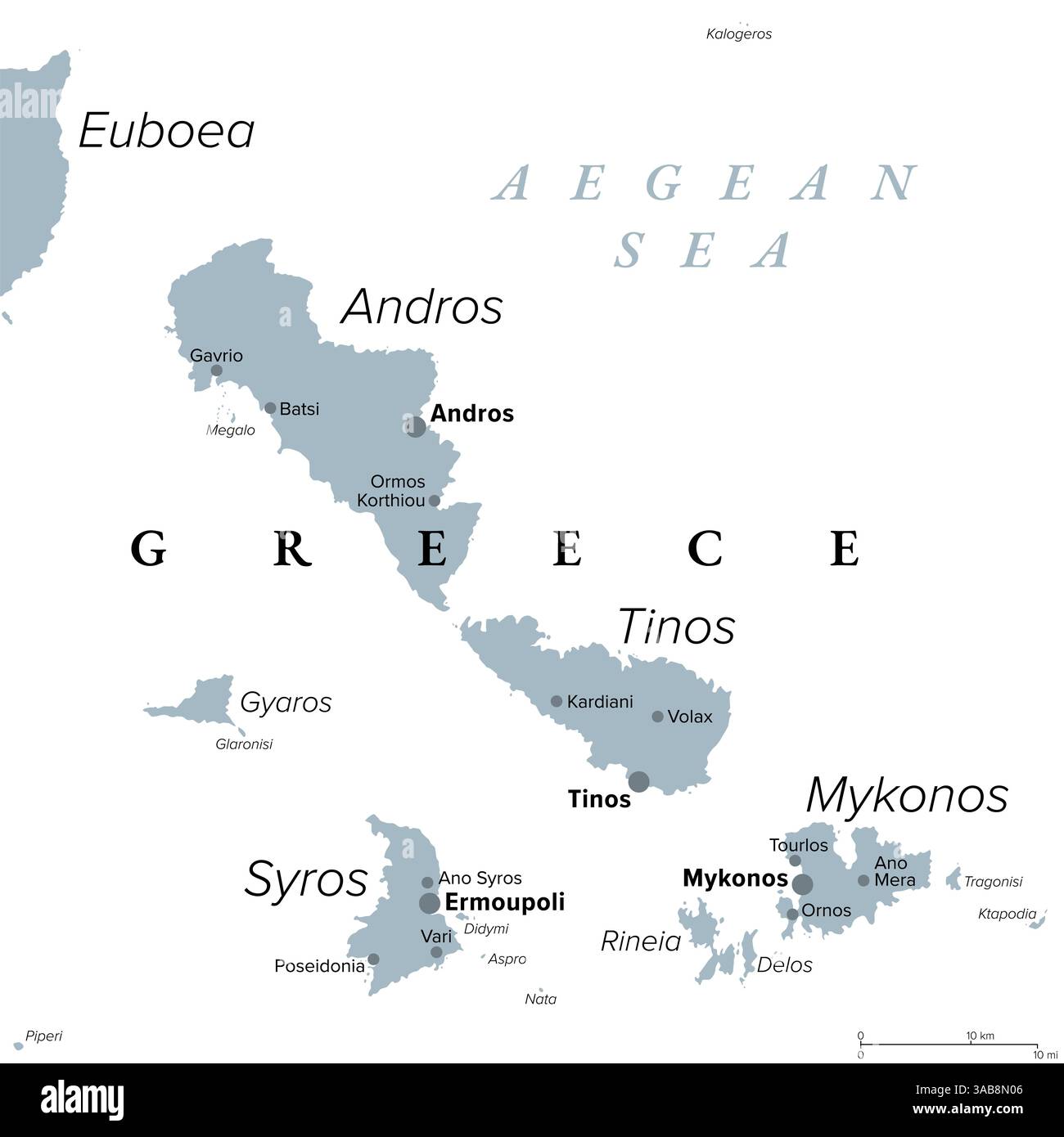 Andros, Mykonos, Tinos, and Syros, islands in Greece, gray political ...