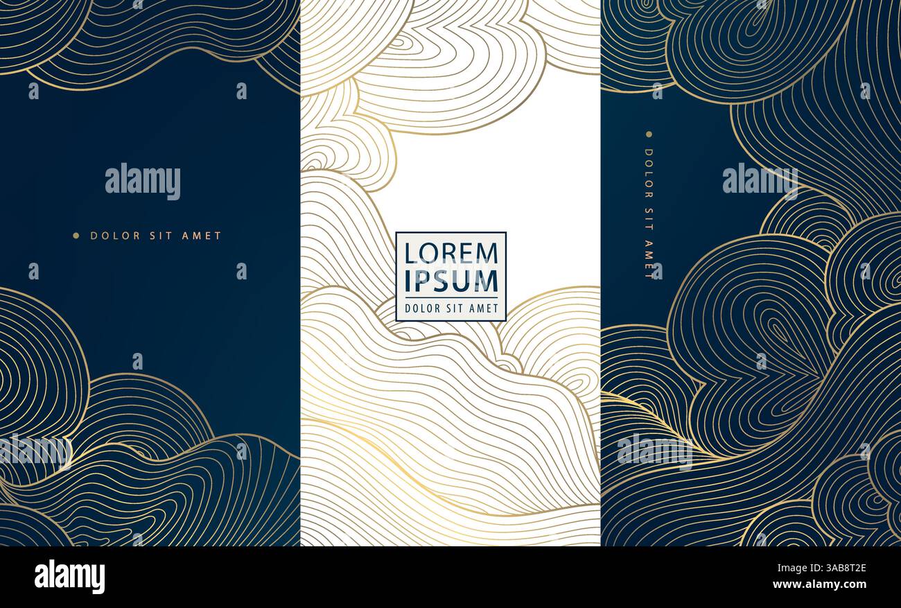 Vector set of line cloud golden patterns, chinese, japanese wave smoke ...