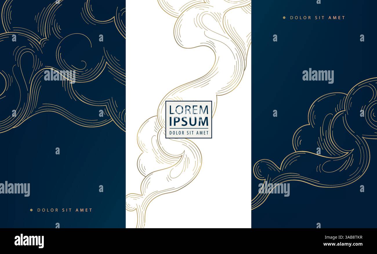 Vector set of line cloud golden patterns, chinese, japanese wave smoke ...