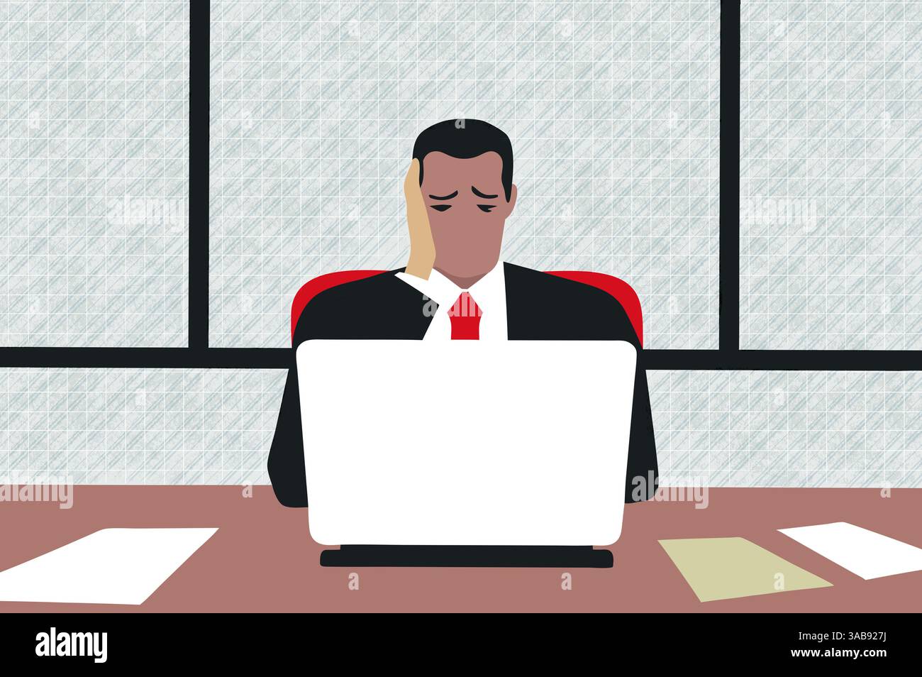 A business professional at a desk shows signs of stress and depression ...