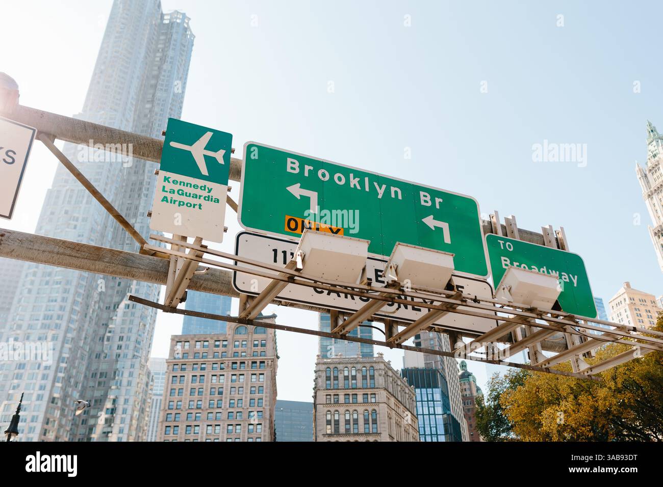Urban street signs in New York City guide toward Brooklyn Bridge, JFK ...