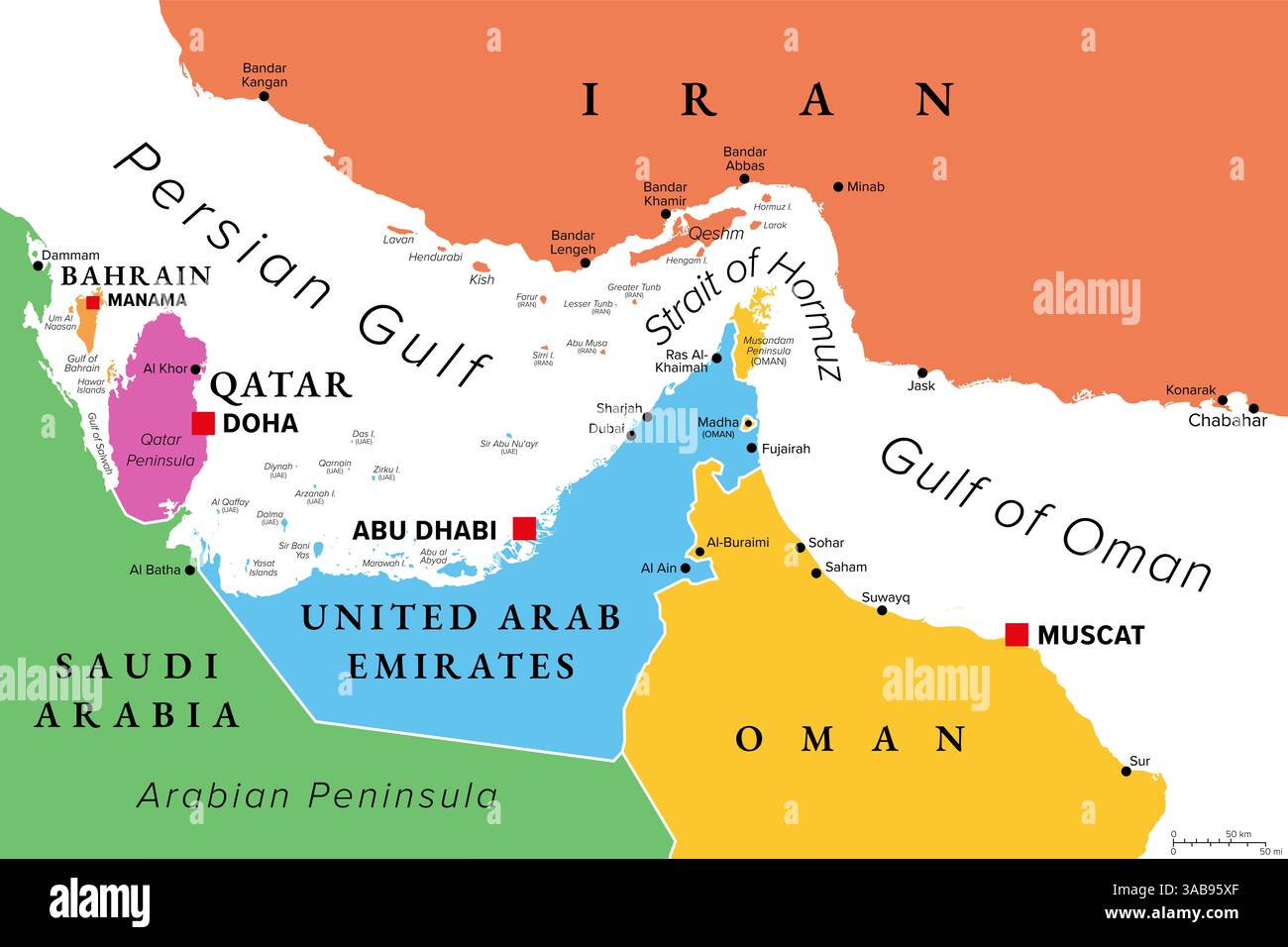 Strait of Hormuz multi colored political map. Waterway between Persian ...