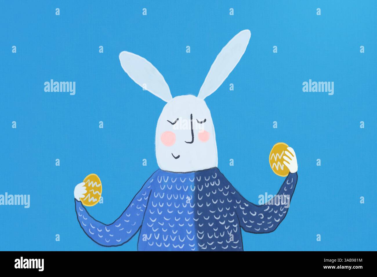 A cute illustration of an Easter bunny holding two decorated eggs, set ...