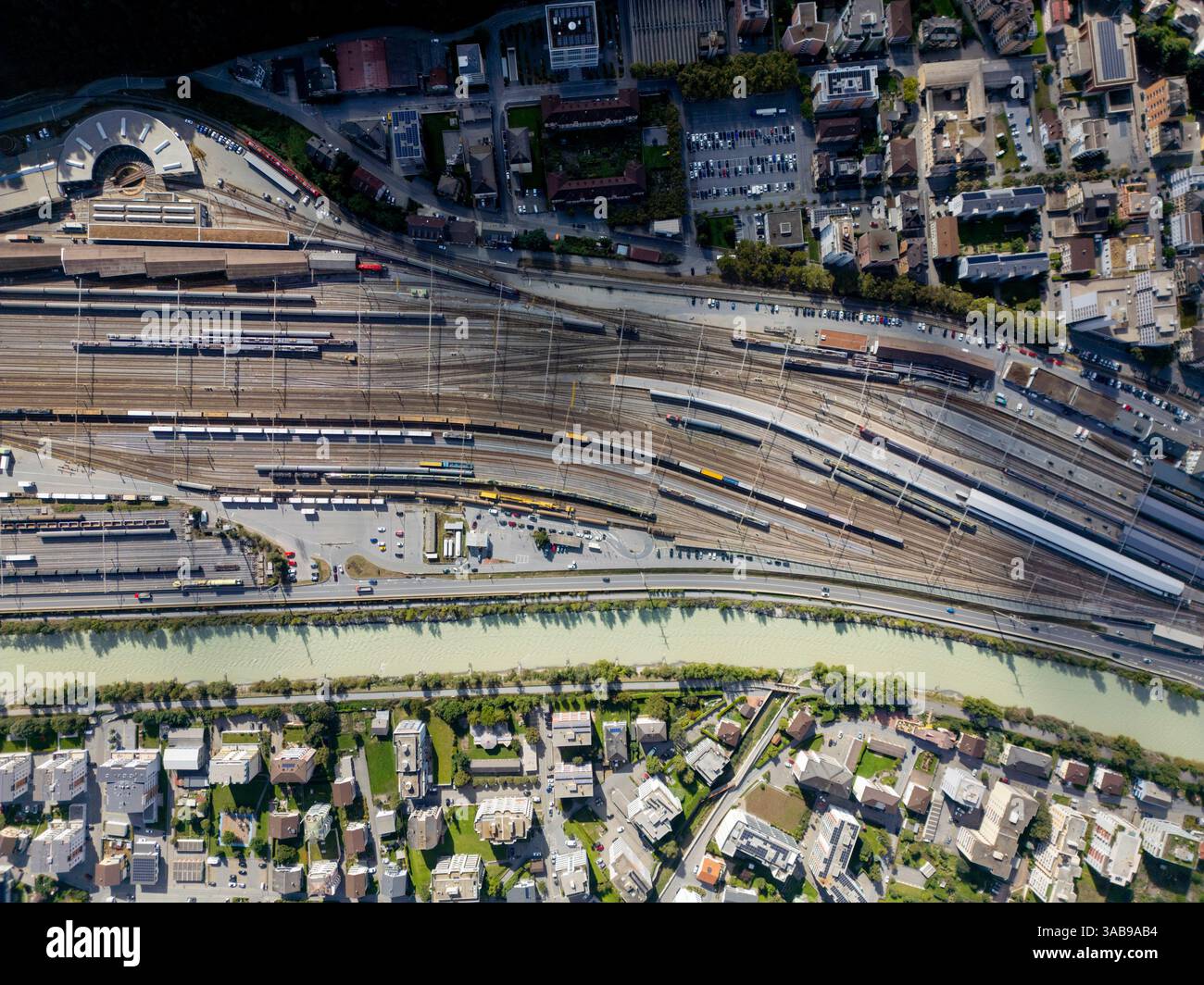 An aerial view of Brig railway station in Switzerland, showcasing a ...