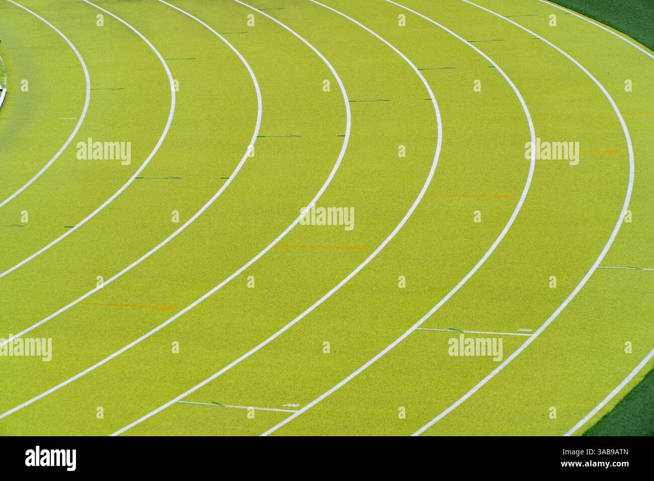 A vibrant aerial shot of a freshly marked bright green running track at ...