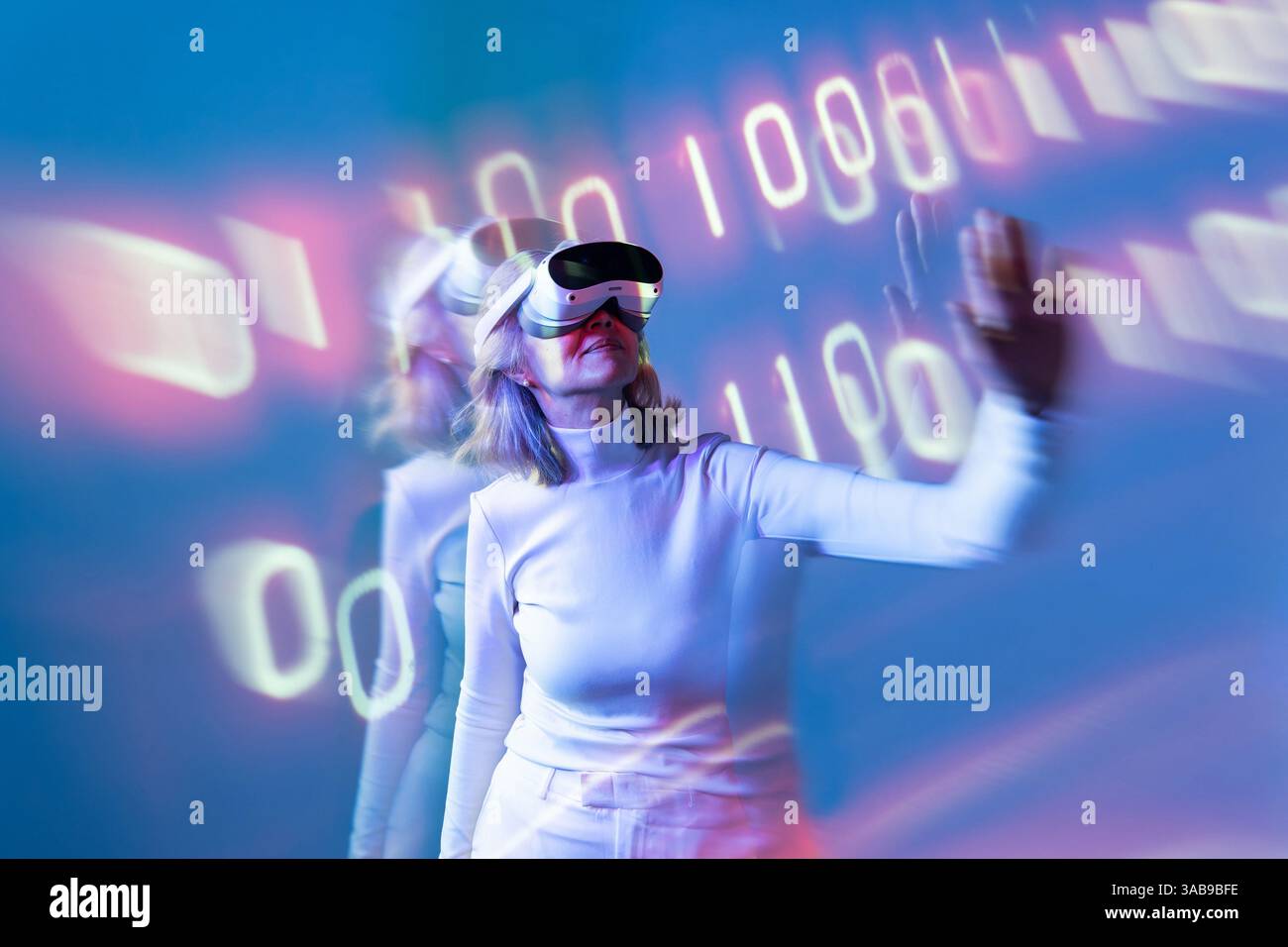 An elderly Asian woman immersed in the metaverse, wearing virtual reality goggles. She interacts ...