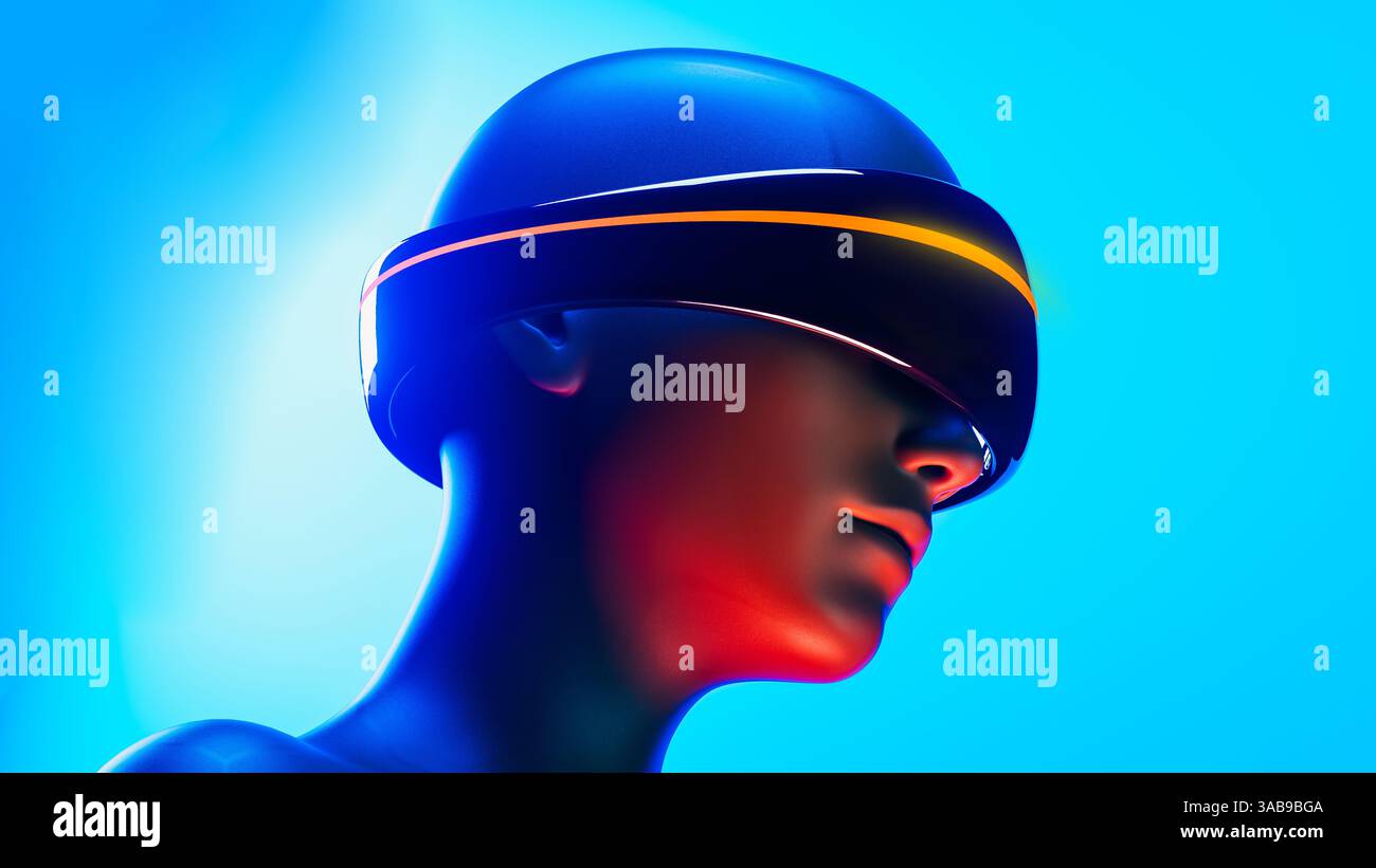 A humanoid wearing virtual goggles experiences an augmented world ...