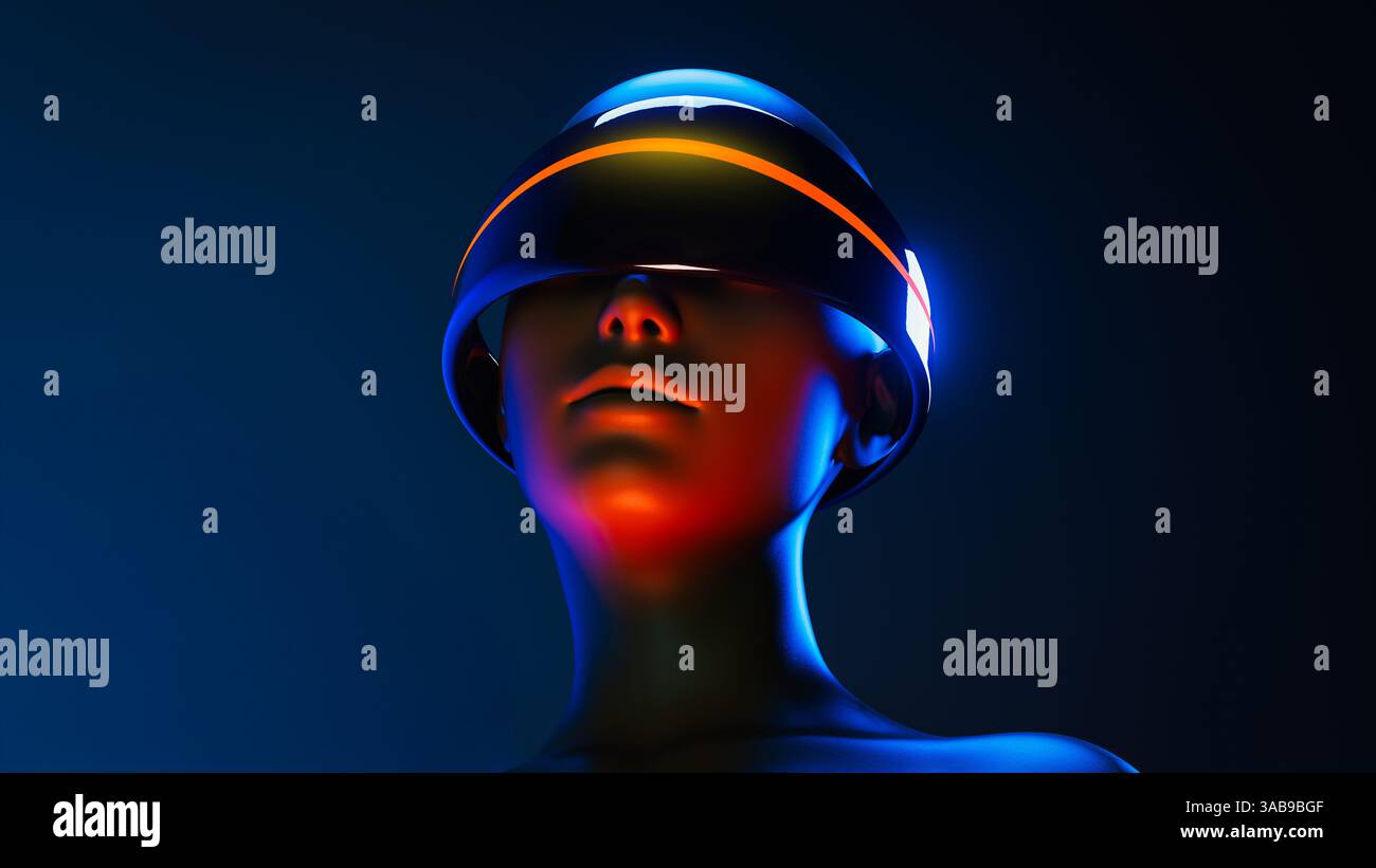 A humanoid wearing virtual goggles experiences an augmented world ...